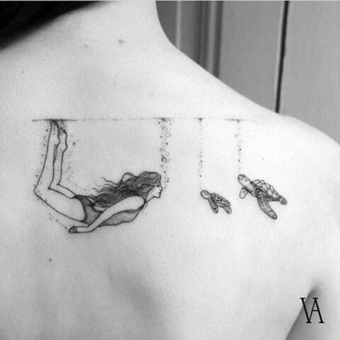 Girls that Scuba show their scuba related tattoos